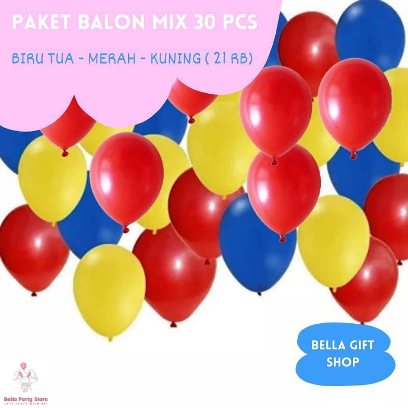 Jual paket balon latex mix 30 pcs ( merah - biru tua - kuning) | Shopee ...