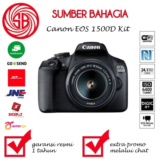 Jual Kamera Canon Eos 1500D + 18-55 ; Camera 1500 D Kit, 24Mp, Crop Sensor | Shopee Indonesia