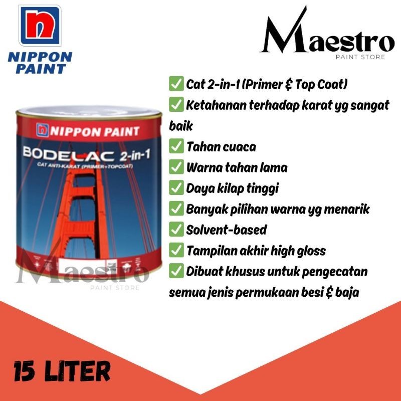 Jual CAT NIPPON BODELAC 2in1 ANTI KARAT UNTUK KAYU DAN BESI 15 L PUTIH & WARNA CUSTOM | Shopee ...
