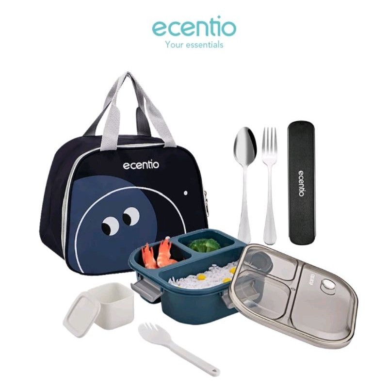 Jual Lunch Box Ecentio Blue 3skat 1100ml + Sendok Garpu makan ecentio ...