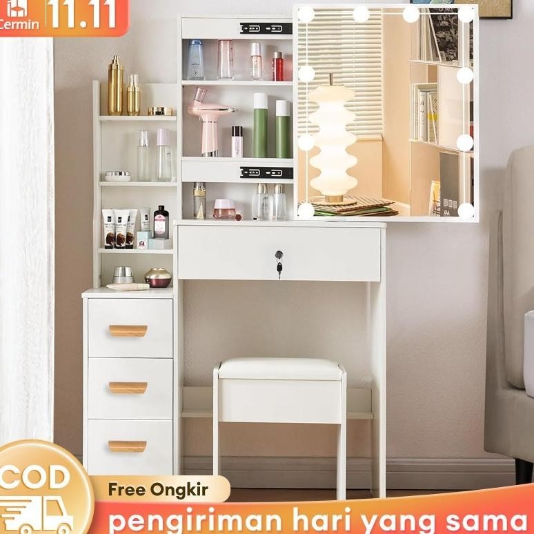 Jual Meja Rias Minimalis Led 90cm Meja Kosmetik Set Bangku Meja Make Up ...