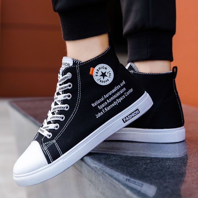 Jual Sepatu Kanvas High-Top Pria, Sneaker Kasual Sol Datar Gaya Korea, Bernafas Semua Cocok ...