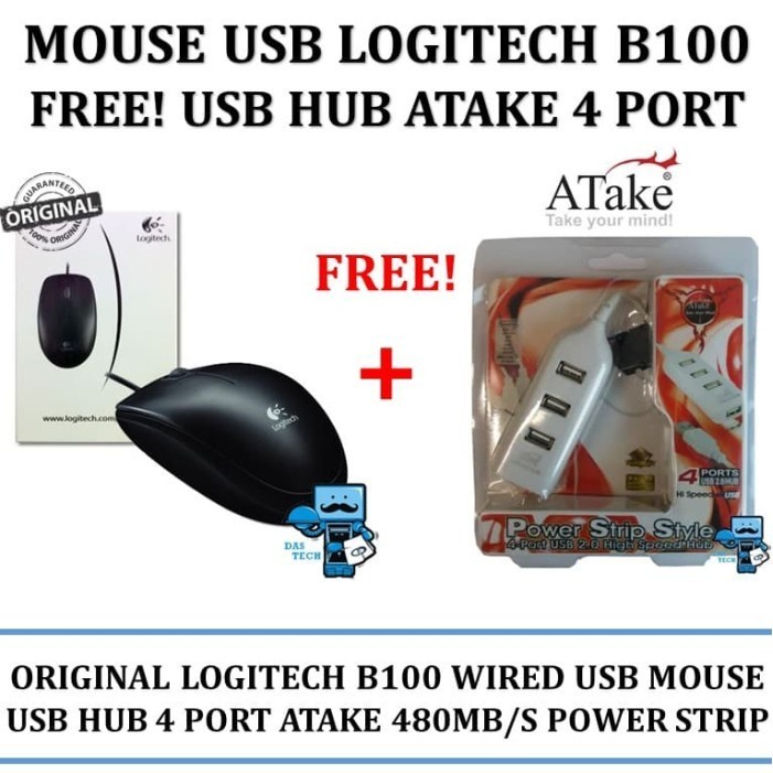 Jual Mouse Logitech B100 FREE nus Usb Hub Atake 4 Port Power Strip ...