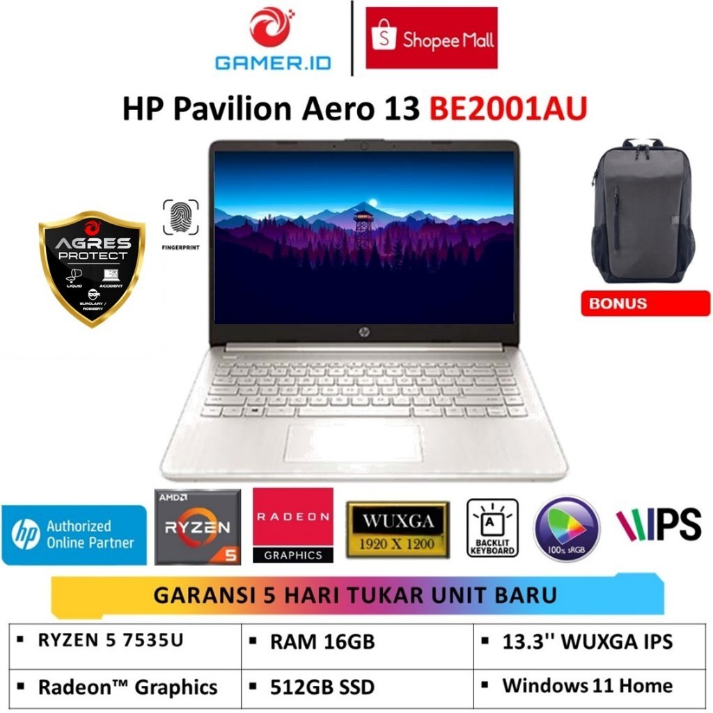 Jual LAPTOP HP PAVILION AERO 13 BE2001AU RYZEN 5 7535U RAM 16GB 512GB SSD WIN11 OHS 13.3'' WUXGA ...