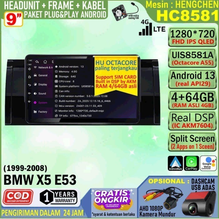 Jual Paket Headunit Android 9 inch + Frame + PNP Canbus BMW X5 E53 1999 Hengchen UIS8581A RAM ...