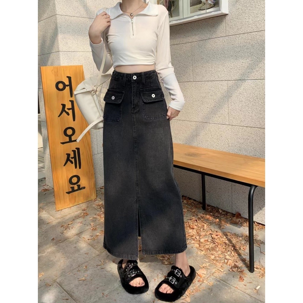 Jual Monica Button Pocket Rok Denim Panjang Wanita Korean Style Slit A ...