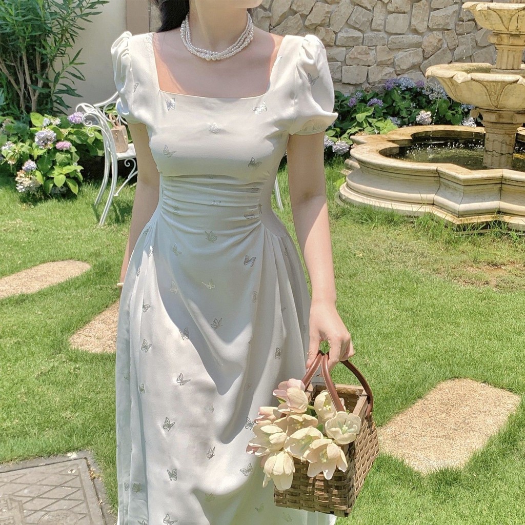 Jual Tea Break Gaun Perancis Baru Gaun Lengan Puff Kerah Persegi Lembut ...