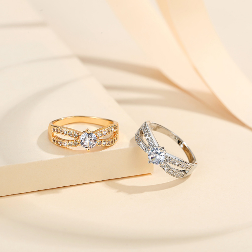 Jual Y091 【COD】 Cincin Titanium Steel Lapis Emas Berlian Perhiasan Anti ...