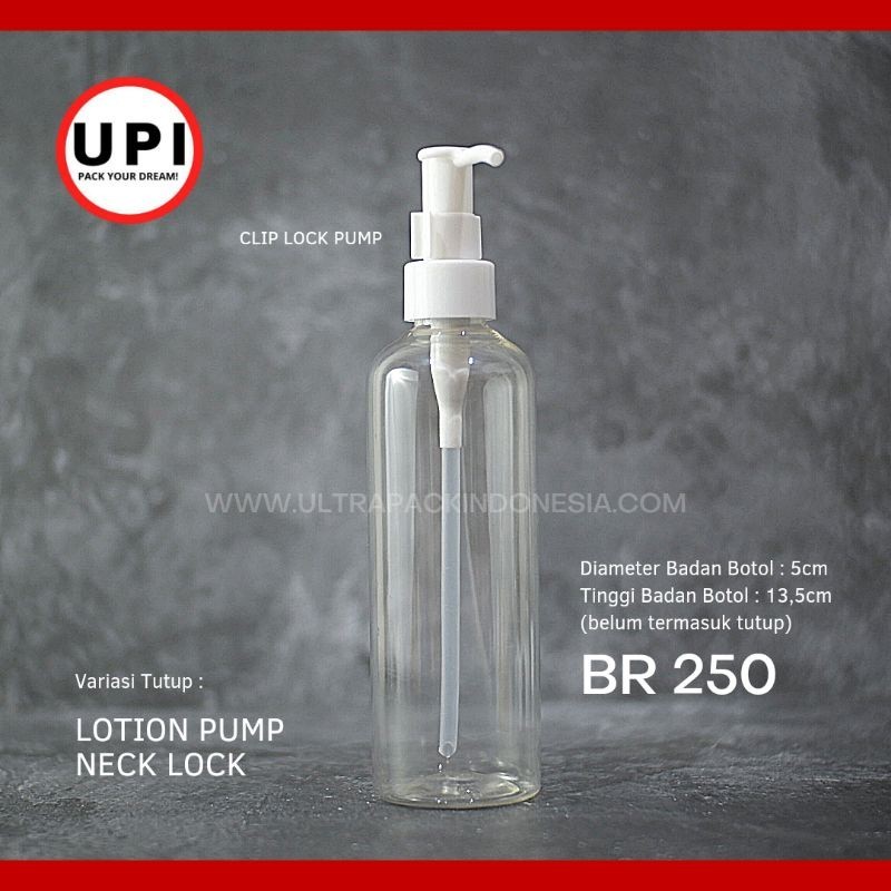 Jual Kemasan Botol Pompa Isi Ulang - BOTOL PET BR 250ML CLEAR + LOTION PUMP CLIP LOCK PUTIH ...