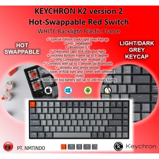 Jual Keychron K2 v2 HOTSWAP WHITE Backlight PLASTIC Frame Dark Grey ...