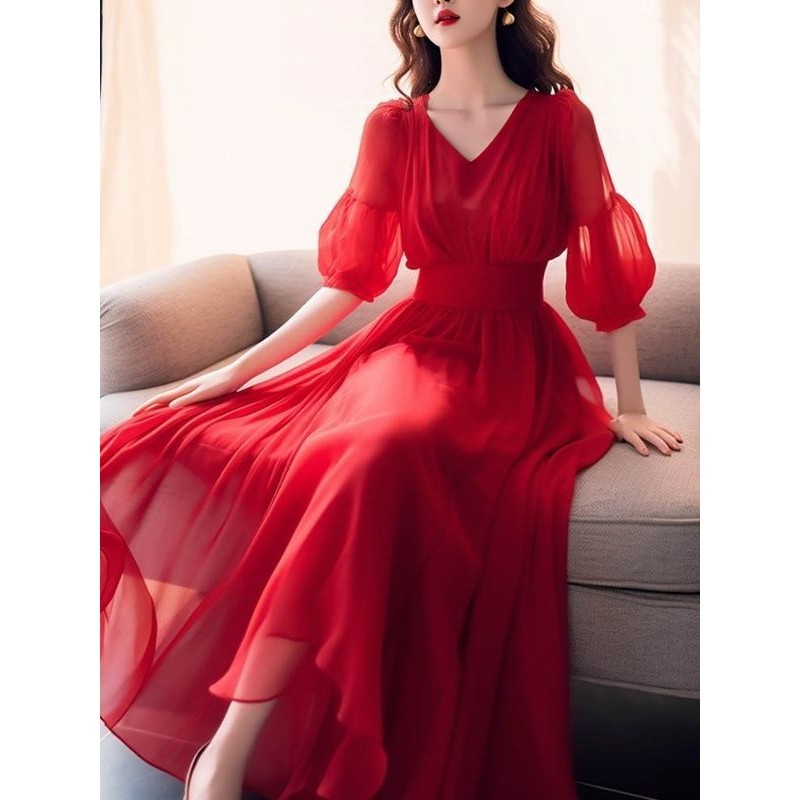 Jual Gaun Panjang Sifon Wanita, Gaun Warna Polos Ramping Temperamen ...