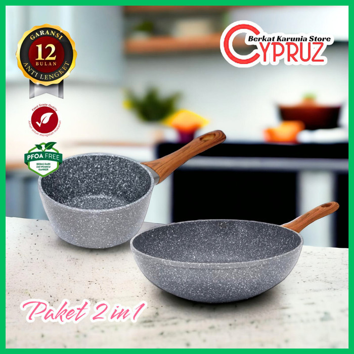 Jual Wajan Anti Lengket Cypruz Fry Wok 26Cm + Sauce Pan 18Cm Marbel Induksi | Shopee Indonesia