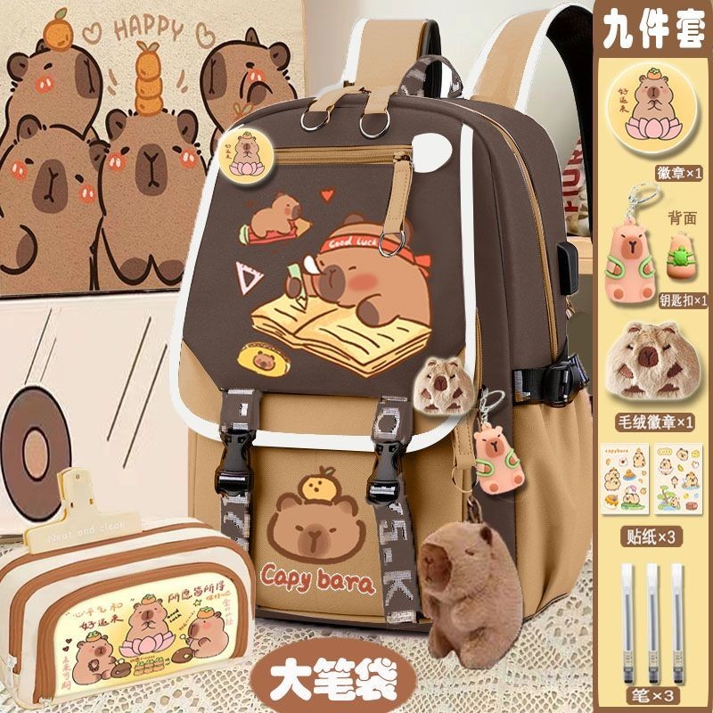 Jual Schoolbag Girls' Cute Capybara Backpack Stain-Resistant Spine ...