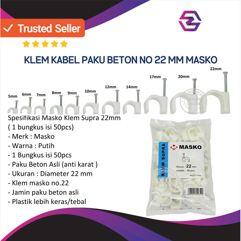 Jual Klem kabel paku beton Masko cable clip listrik isi 50 pcs - 22mm ...