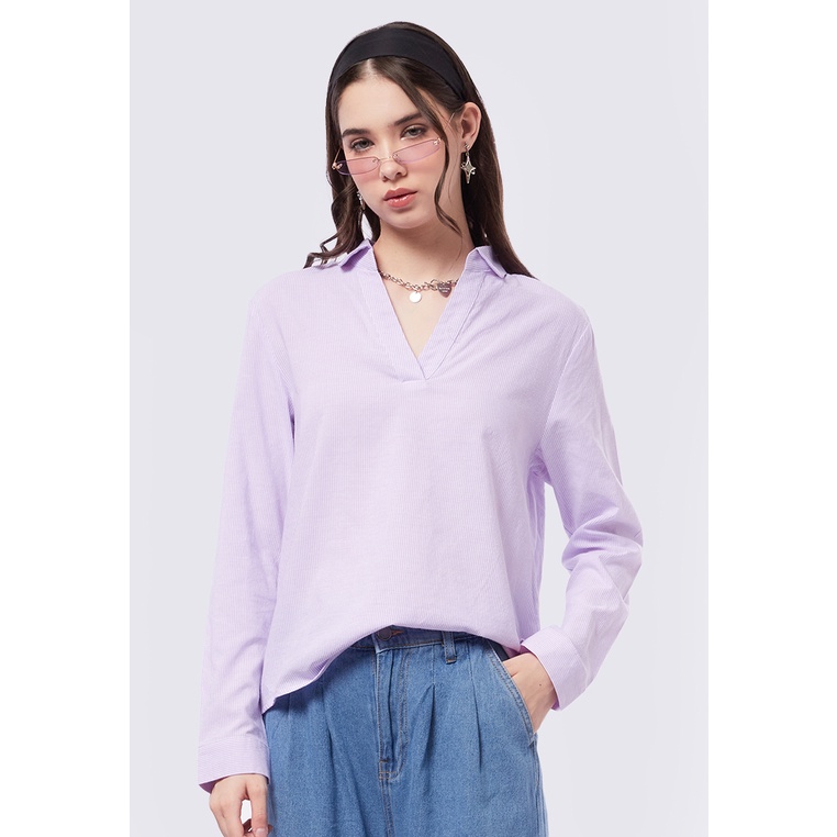 Jual COLORBOX Stripe V-Neck Long Sleeve Blouse Lilac | Shopee Indonesia
