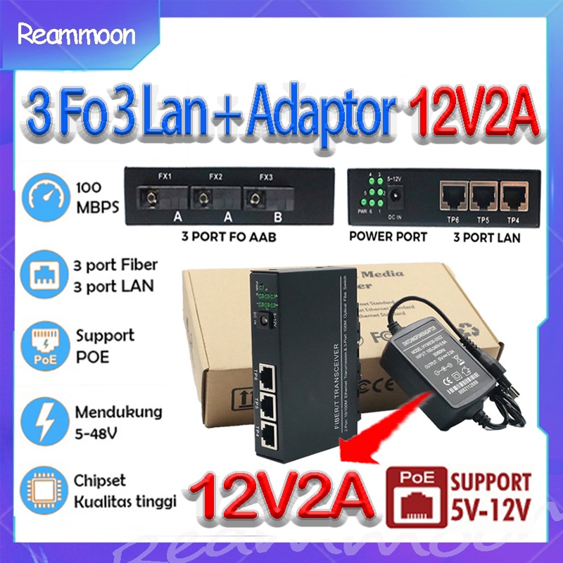 Jual [POE] Converter 3 Fo 3 Lan Adaptor 12V2A Htb 3fo 3 lan 10/100M Ethernet Switch Fiber Optik ...