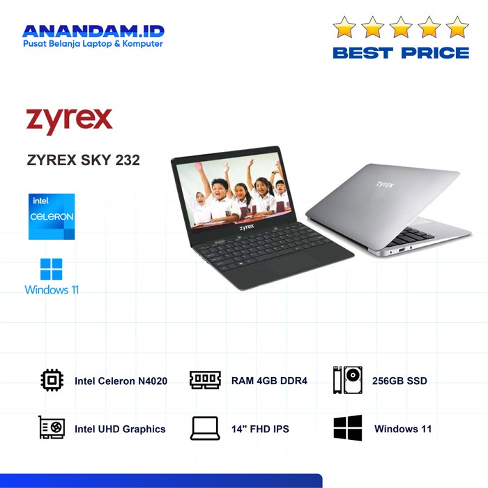 Jual LAPTOP ZYREX SKY 232 NEW GENERATION N4020 RAM 4GB 256GB SSD+64GB ...