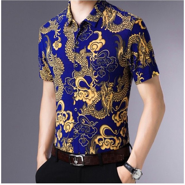 Jual Kemeja Motif Naga Pria, Baju Lengan Pendek Pria Motif Naga Baru ...