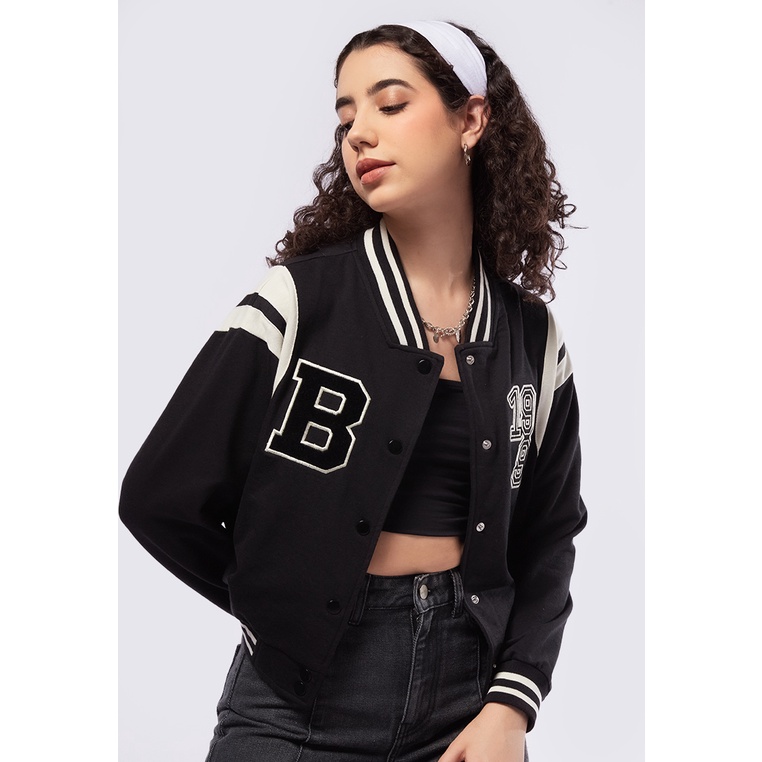 Jual COLORBOX Cropped Varsity Jacket Black | Shopee Indonesia