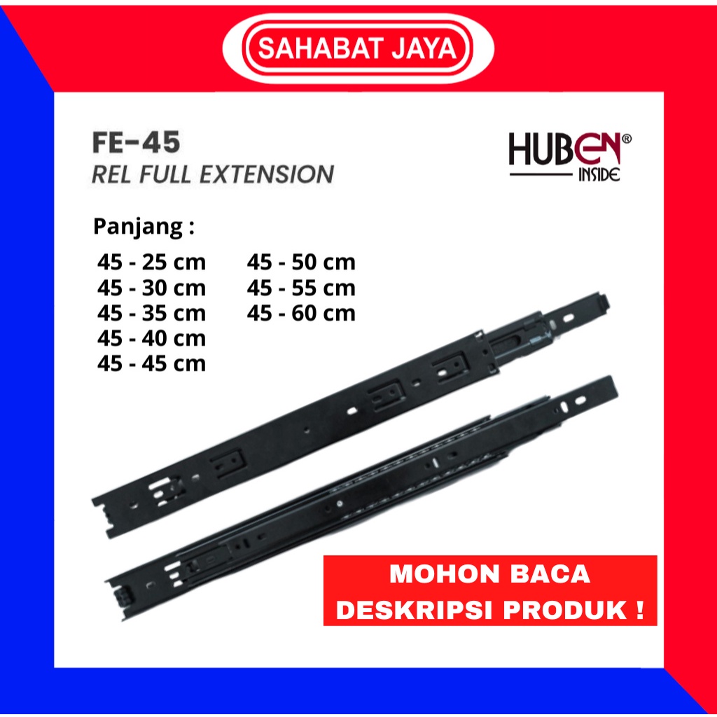 Jual Rel Laci Hitam Full Extension Double 2x Tarik HUBEN FE 45mm 25/30/35/40/45/50/55/60cm ...