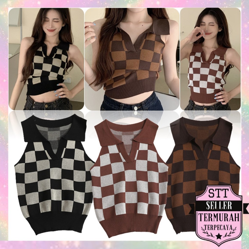 Jual STT Baju Crop Wanita Korean Diamond Kode 6859 Plaid Knit Vest Crop ...
