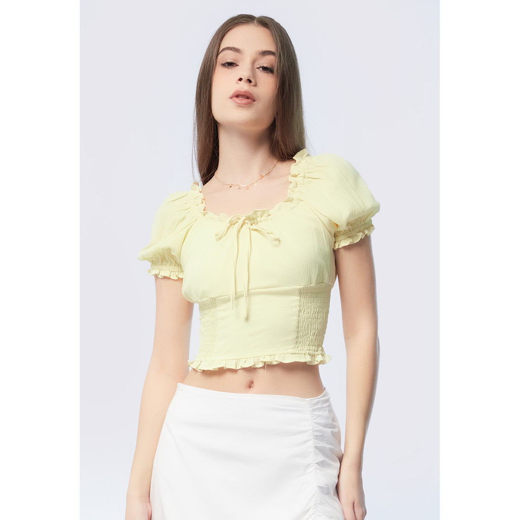 Jual COLORBOX Short Sleeve Ruched Top Yellow | Shopee Indonesia