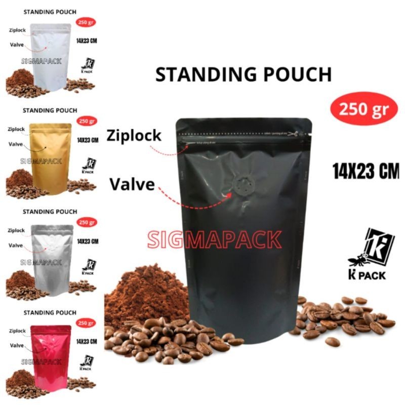 Jual KEMASAN KOPI 250GR STANDING POUCH + VALVE (isi 50pcs) | Shopee ...