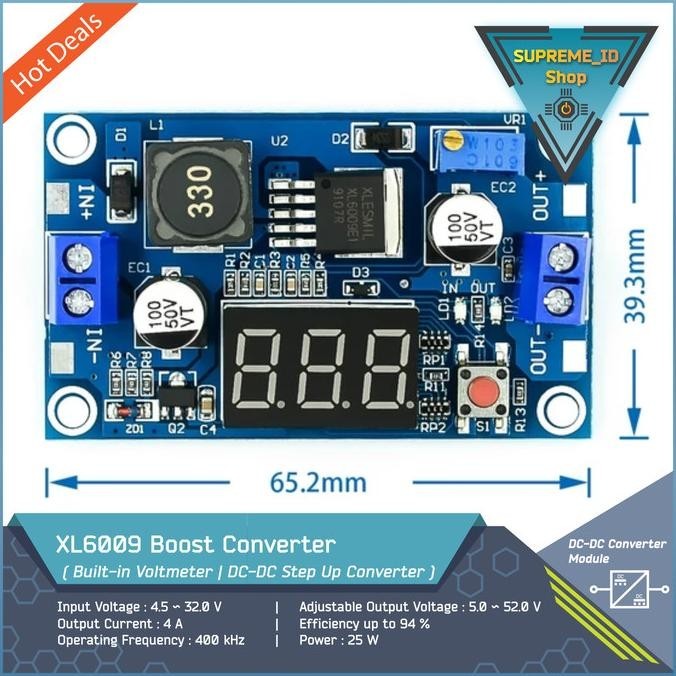 Jual Miliki - XL6009 DC-DC Step Up Boost Converter + Built-in LED Voltmeter | 4A 10W | Shopee ...