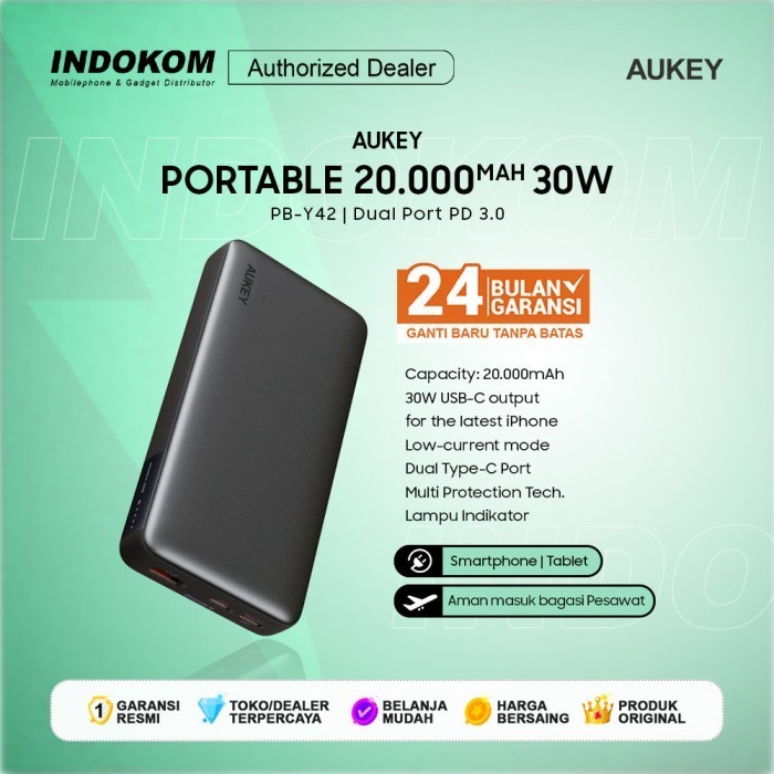Jual Aukey Pb-Y42 Powerbank 20000Mah Usb-C 30W Pd 3.0 Slim - Original ...