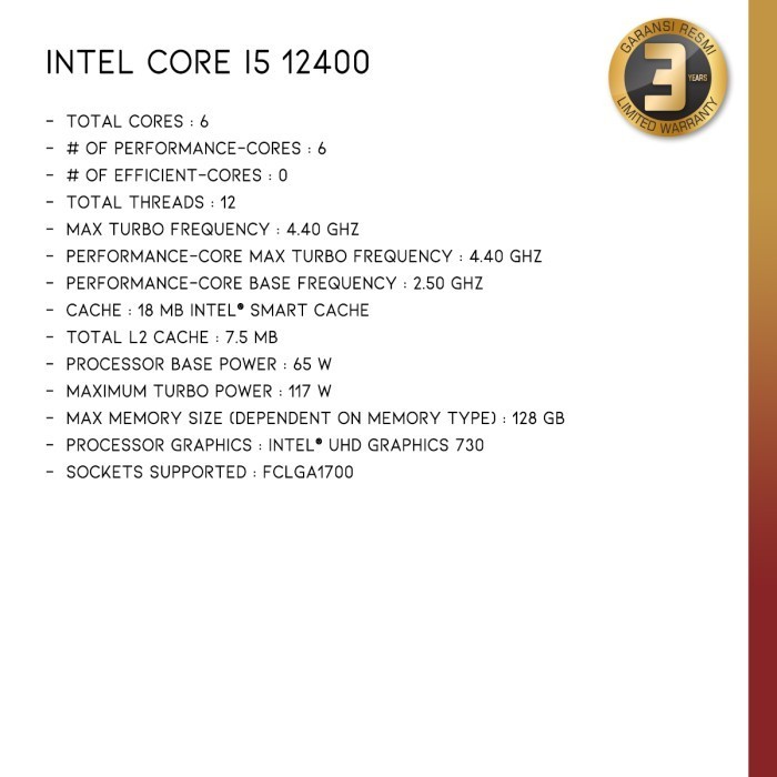 Jual Intel Core I5 12400 Desktop Processor 6 (6P+0E) Cores Lga 1700 ...