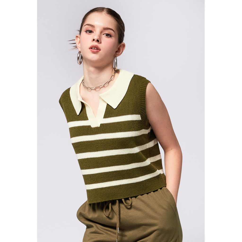 Jual COLORBOX Stripe Knit Polo Vest Olive | Shopee Indonesia