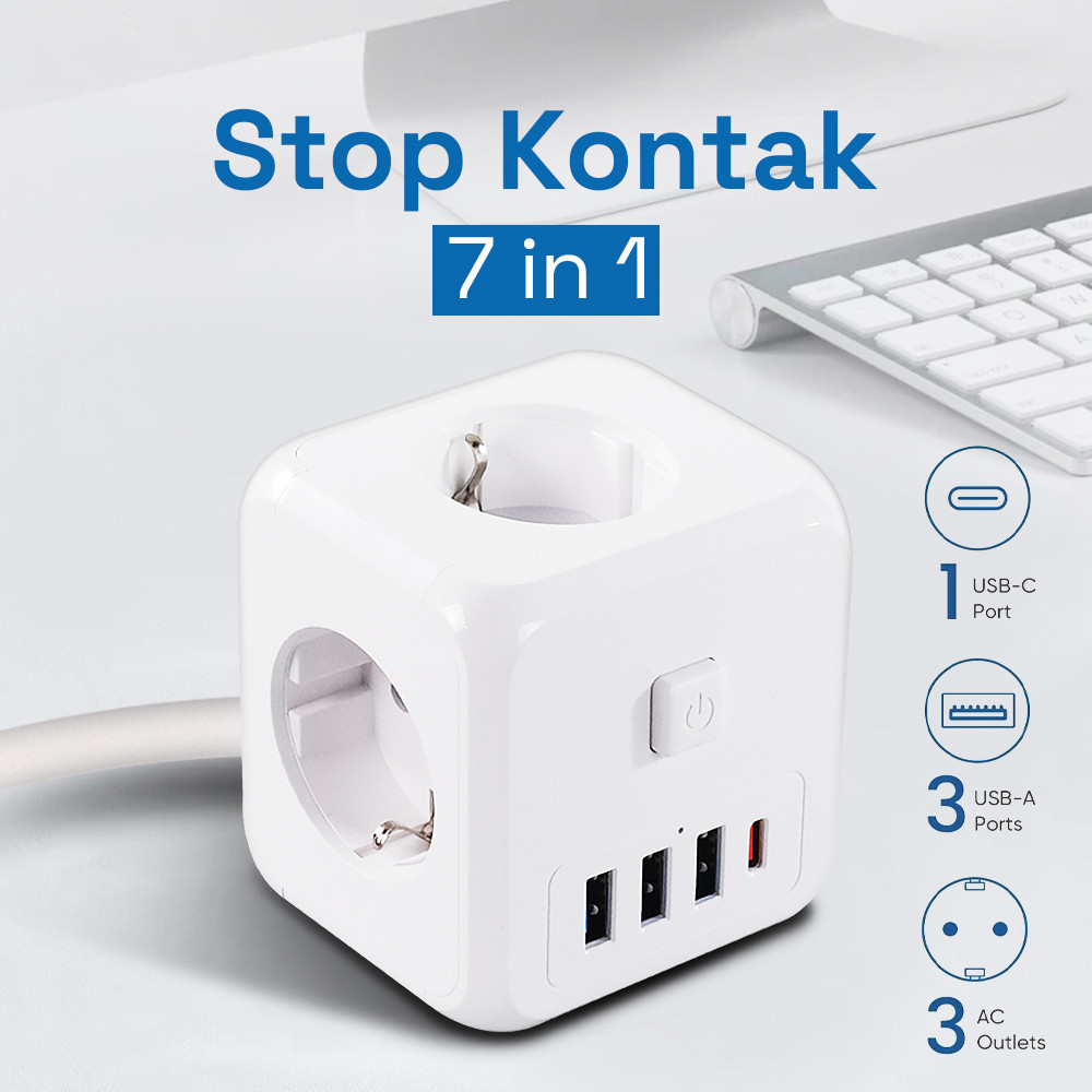 Jual GS18 Lencent Stop Kontak 7 In 1 Usb Type C Port Cube Wall Socket ...