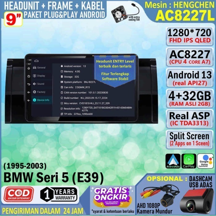 Jual Paket Headunit Android 9 inch + Frame + Soket PNP BMW SERI 5 E39 1995 Hengchen AC8227 RAM ...