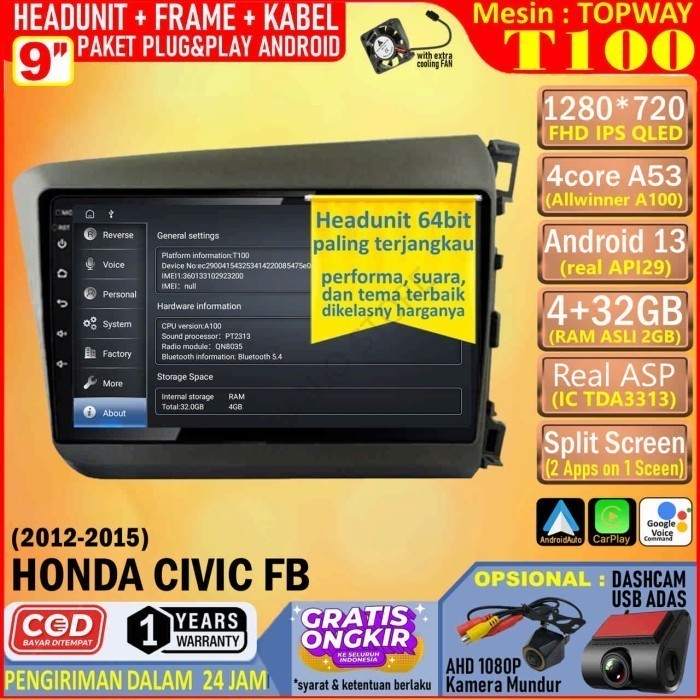 Jual Paket Headunit Android 9 inch + Frame + Soket PNP Honda Civic FB ...
