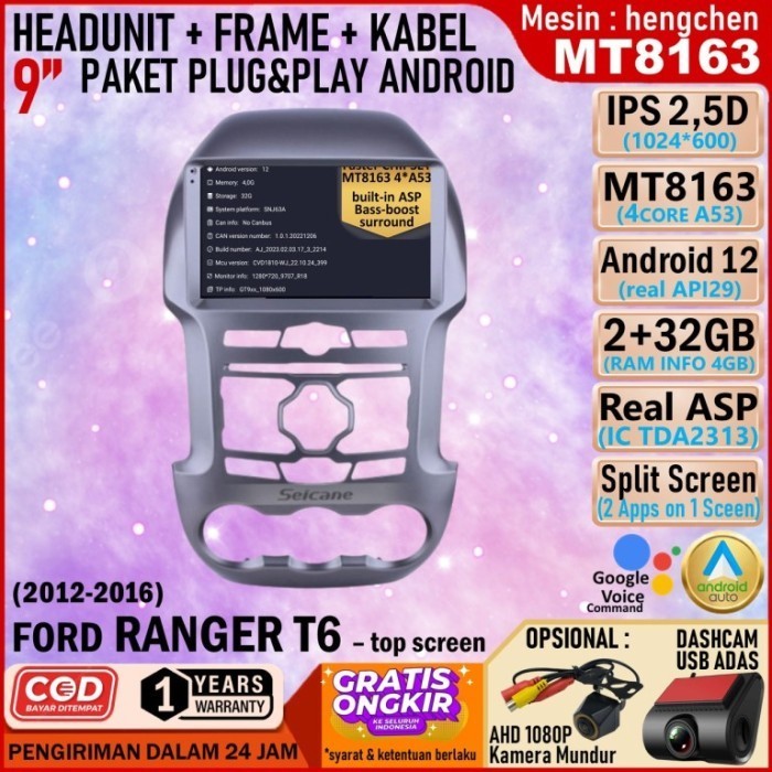 Jual Headunit Android MT8163 2/32GB QLED+ Frame 9 inch Ford Ranger T6 ...