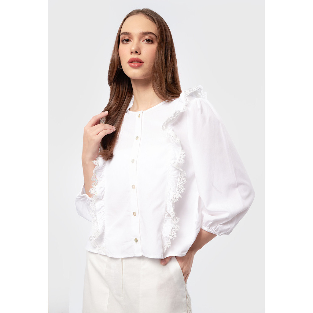 Jual Et Cetera Ruffled Puff Sleeve Blouse with Lace Trim Details OFF ...