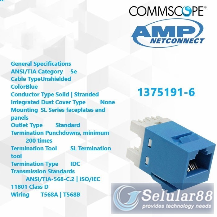 Jual AMP Commscope 1375191-6 Cat5e SL Series Modular Jack RJ45 Blue Cat ...