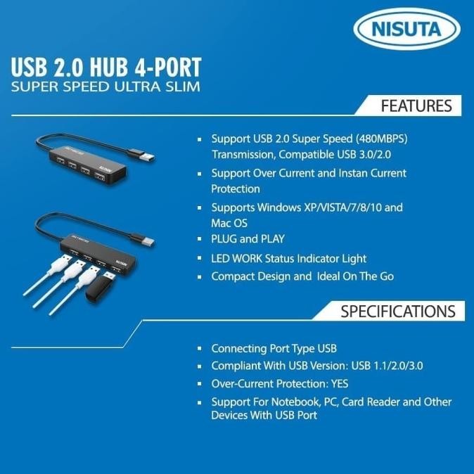 Jual HUB USB 2.0 Nisuta HUB-011 4Port - USB HUB Slim | Shopee Indonesia