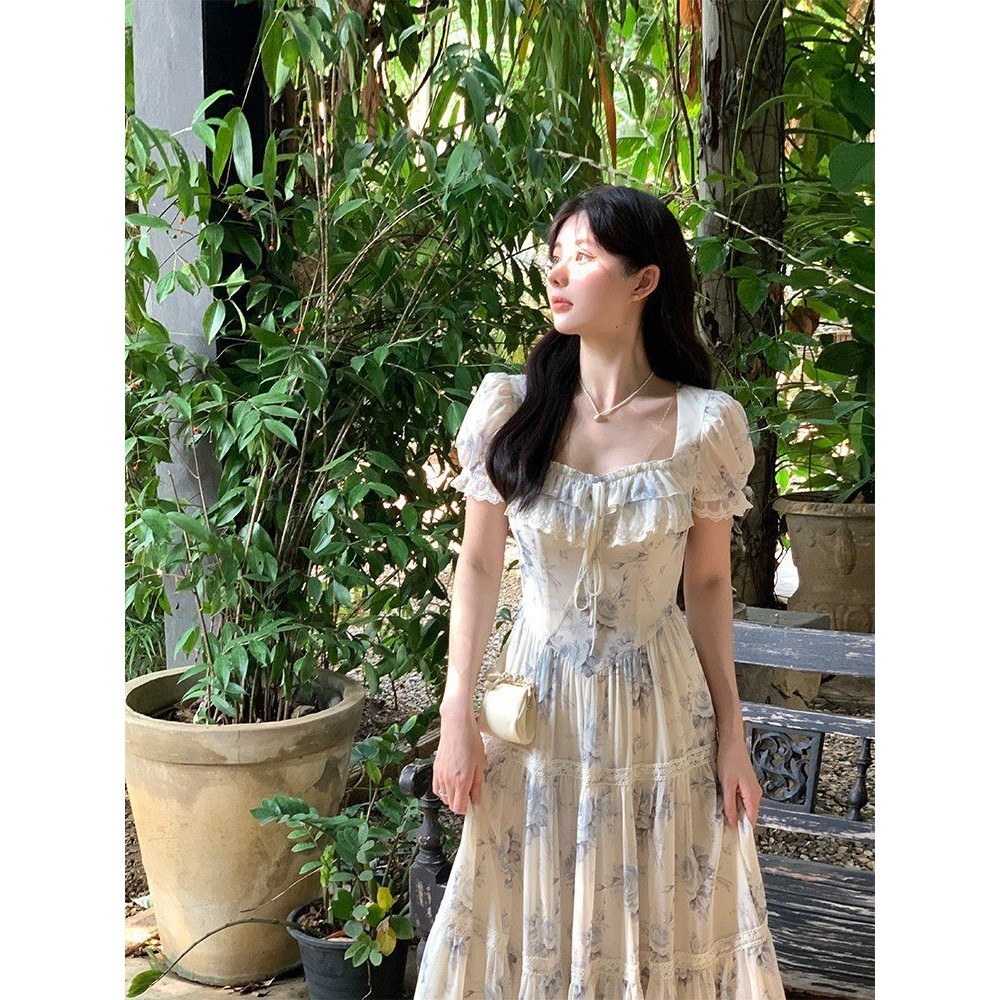 Jual 【Cream Winnie】Gaun bunga sifon retro Perancis gaun panjang gaya ...
