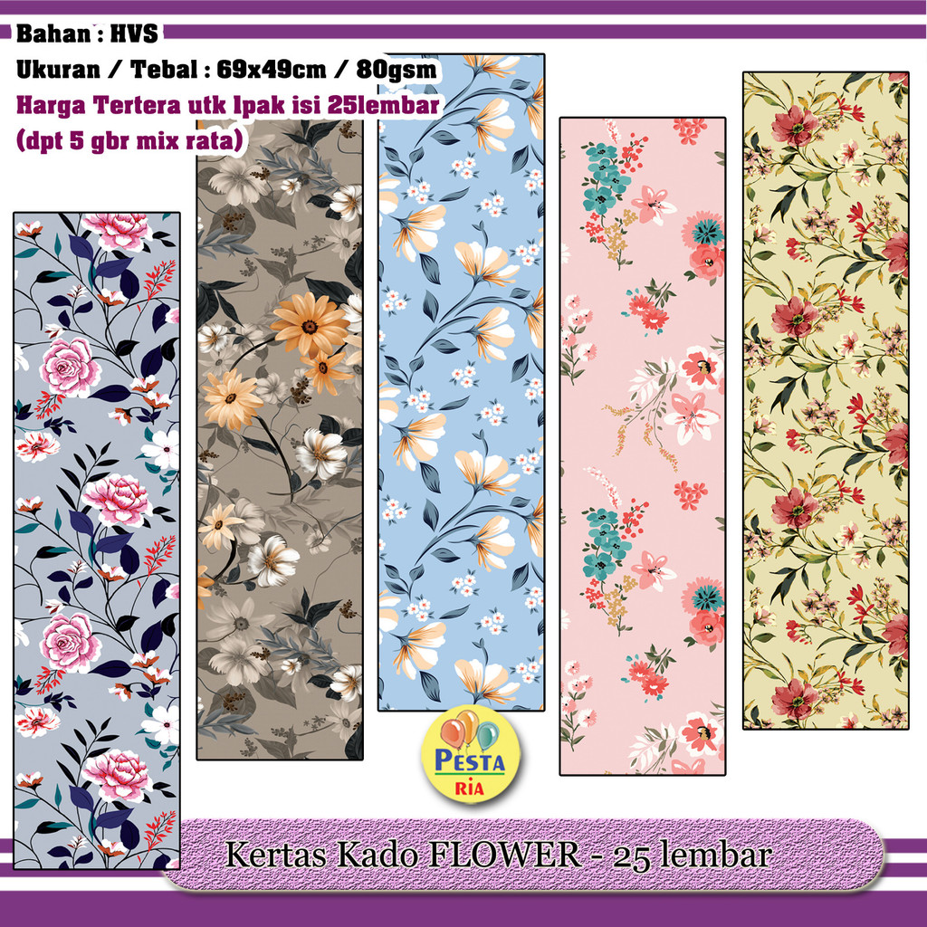 Jual Murah!! (1Set isi 25Lmbr) Kertas kado motif Flower, Bungkus kado ...