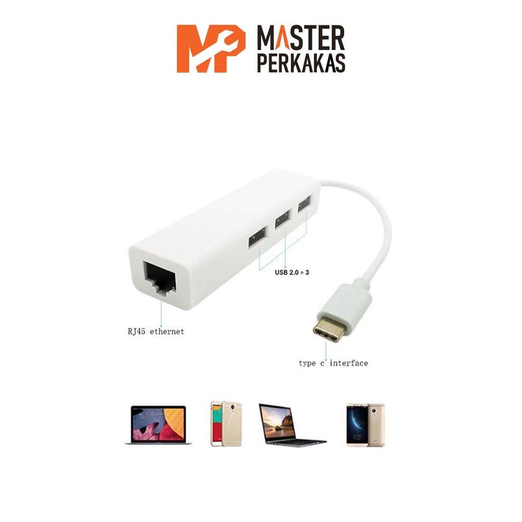 Jual USB type C to LAN Adapter With USB HUB 3 Port MP / RJ45 Ethernet ...