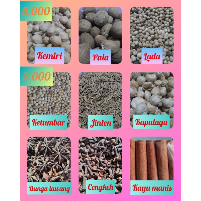 Jual lada, kemiri, biji pala, kapulaga, cengkeh, kayu manis, jinten ...