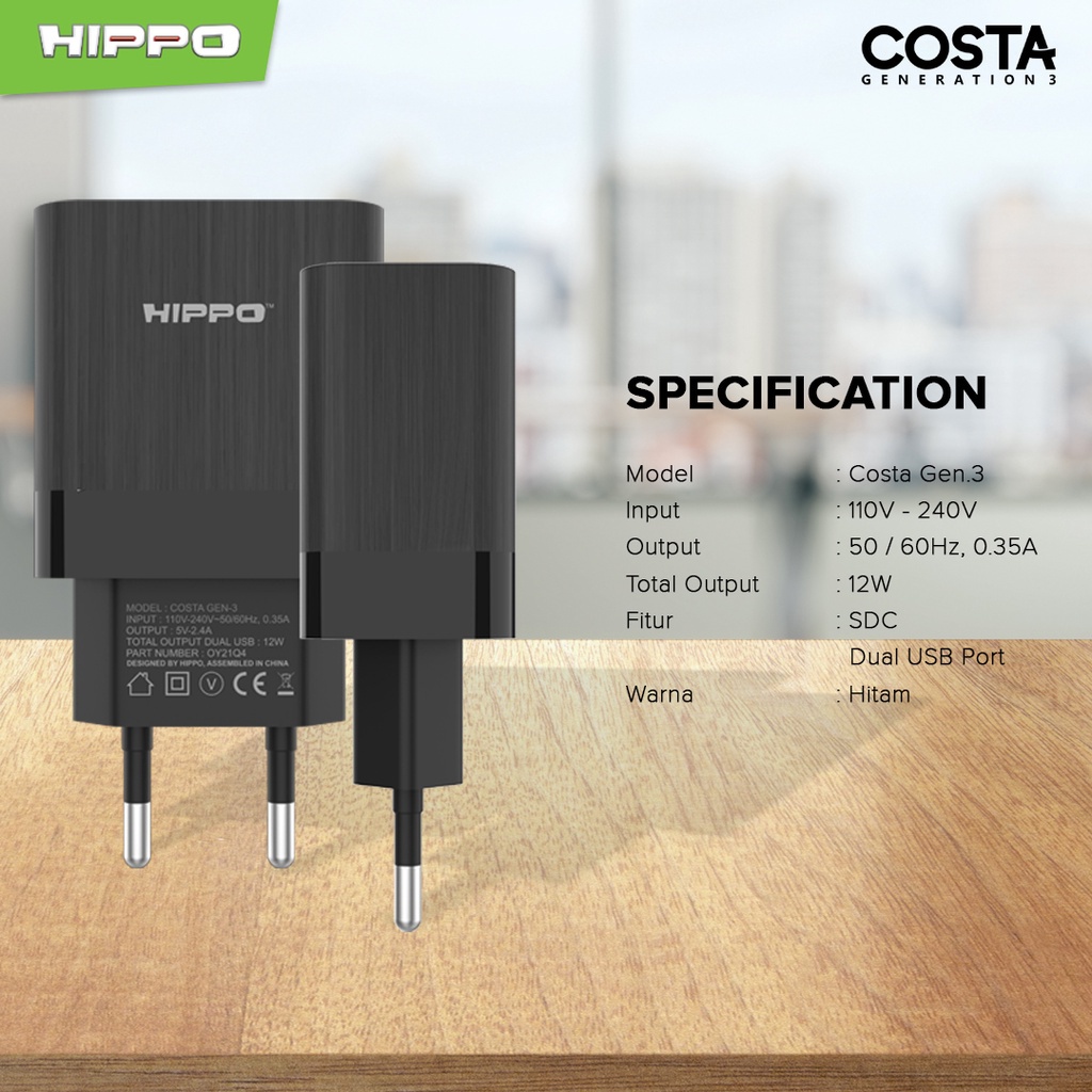 Jual Hippo Adaptor Costa 3 Value Pack(Plus kabel) 2.4A 2 Port SDC USB Adapter Kepala Casan ...