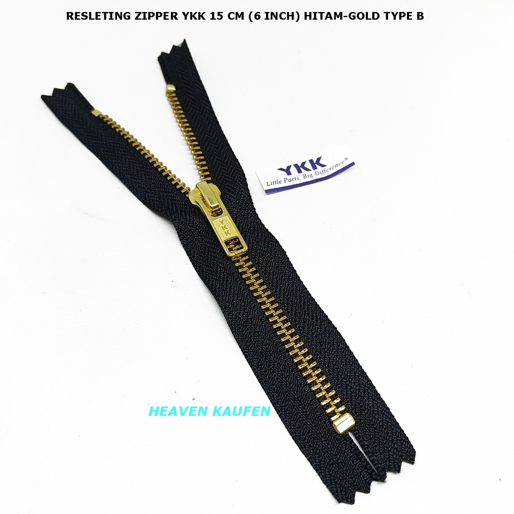 Jual Resleting Zipper Ritsleting YKK 15 cm Atau 6 inch Hitam - Gold Emas Type Gigi Besi Kode SKG ...