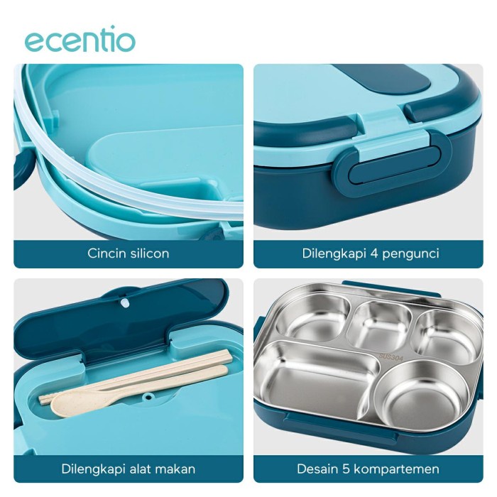 Jual Ecentio Lunch Box Stainless 5 Sekat 1000Ml Kotak Makan Anti Bocor ...