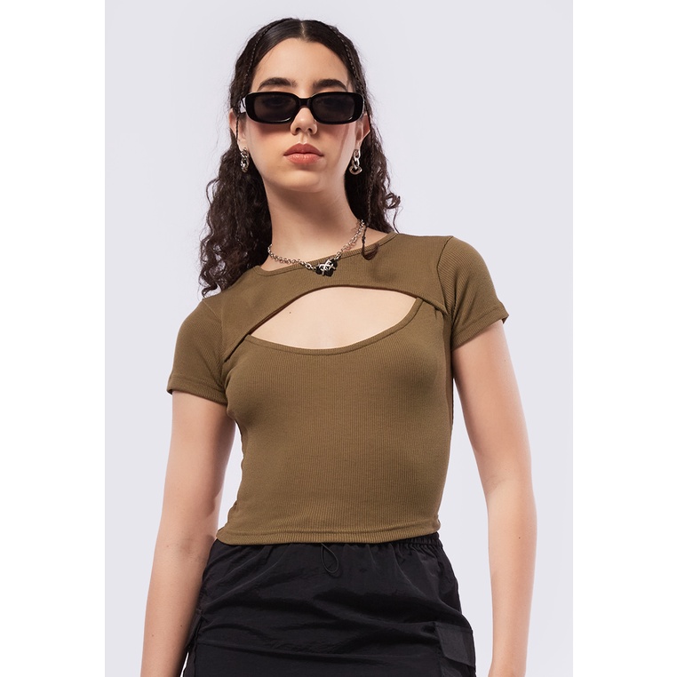 Jual COLORBOX Cut Out Short Sleeve Top Olive | Shopee Indonesia