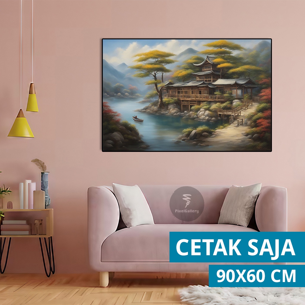 Jual Lukisan EXTRAJUMBO 90x60 Pemandangan Kuil dan Perahu Hiasan ...