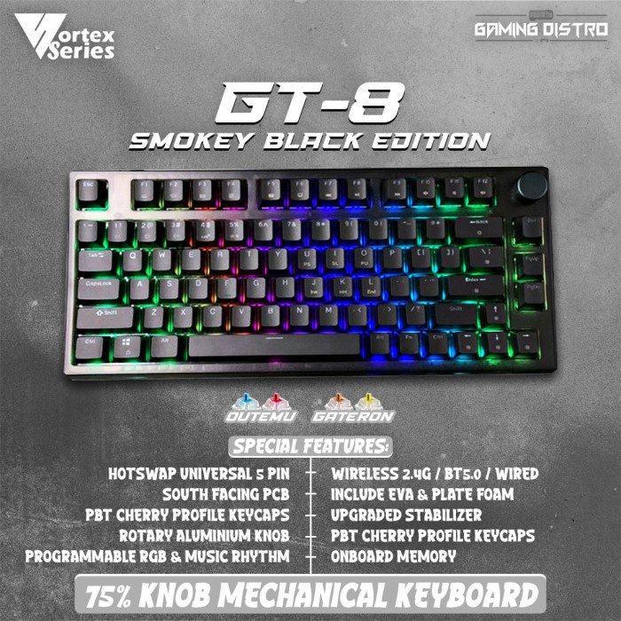 Jual Vortex Series GT-8 Smokey Hotswap South Facing Mechanical Keyboard ...