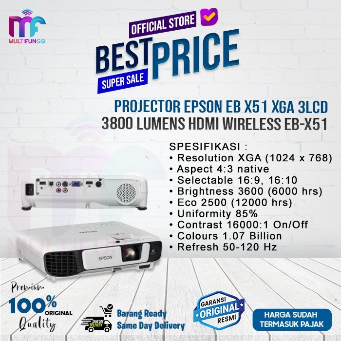 Jual Projector Epson EB X51 XGA 3LCD 3800 LUMENS HDMI Wireless EB-X51 | Shopee Indonesia
