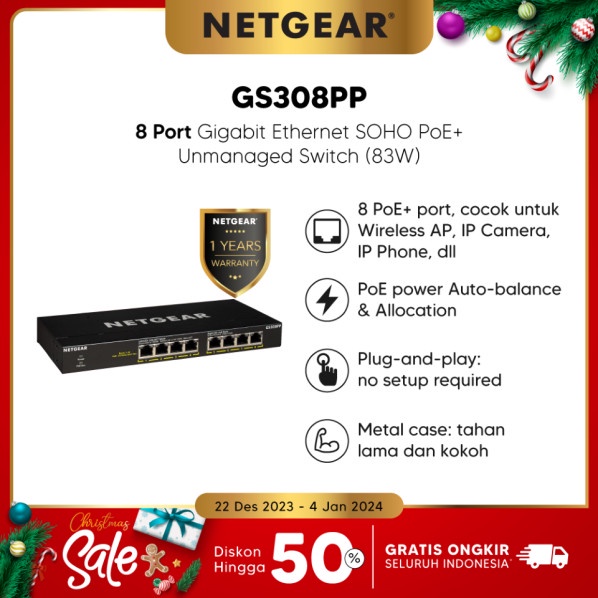Jual NETGEAR GS308PP 8 PORT GIGABIT ETHERNET SOHO POE+ UNMANAGED SWITCH ...